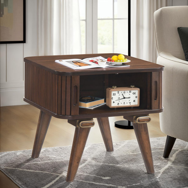 Corrigan Studio® 24" Square End Table Walnut Finish with 2 Tambour Doors & Fixed Shelf, Mid ...